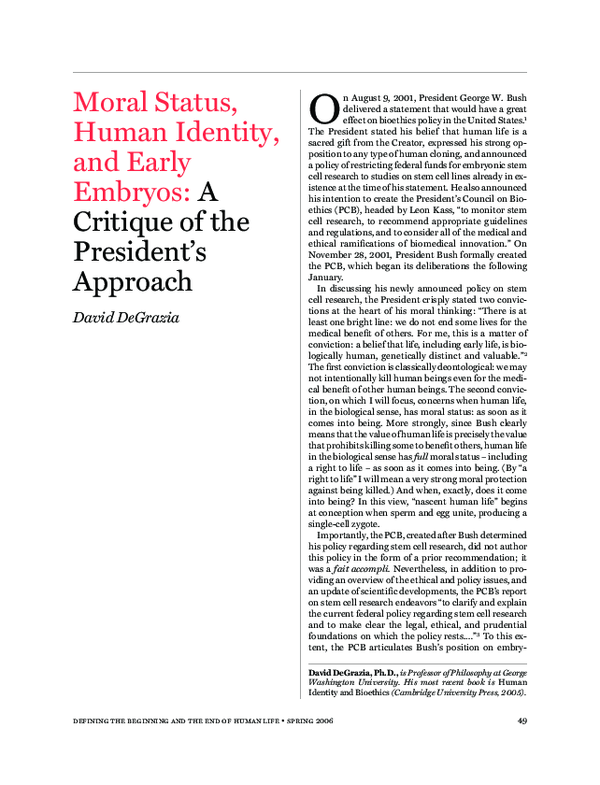 (PDF) Moral Status, Human Identity, and Early Embryos: A Critique of ...