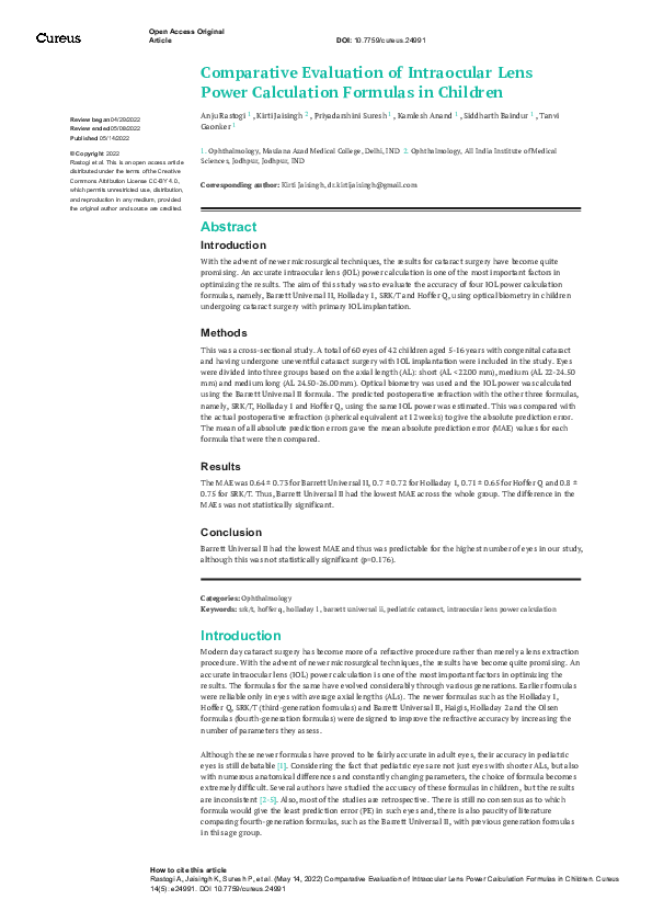 (PDF) Comparative Evaluation of Intraocular Lens Power Calculation Formulas in Children