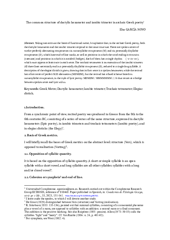 (PDF) The common structure of dactylic hexameter and iambic trimeter in ...