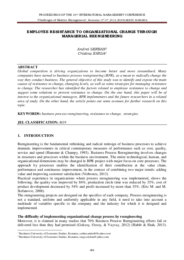 (PDF) Employee Resistance to Organizational Change Through Managerial ...