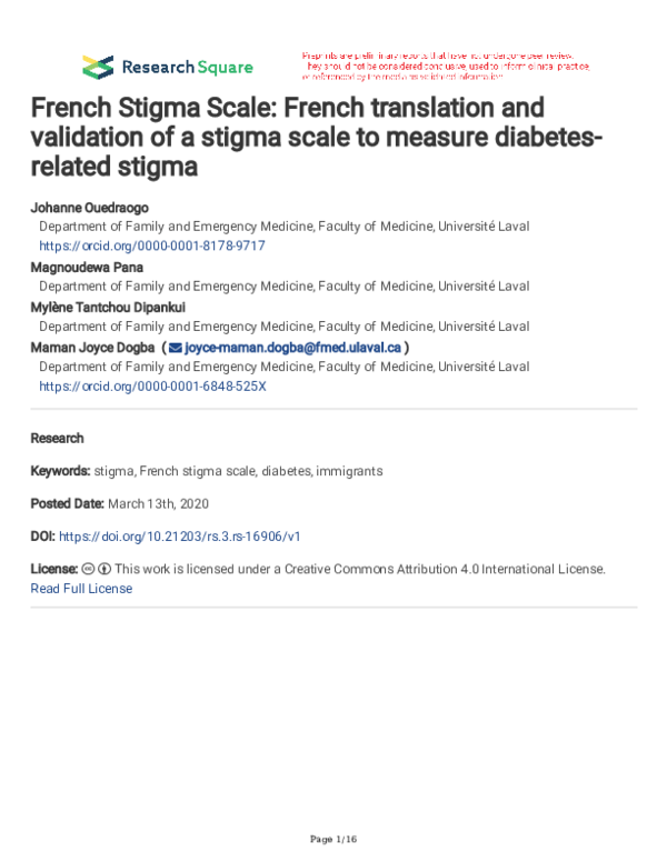 (PDF) French Stigma Scale: French translation and validation of a ...