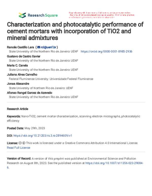 (PDF) Characterization and photocatalytic performance of cement mortars with incorporation of ...
