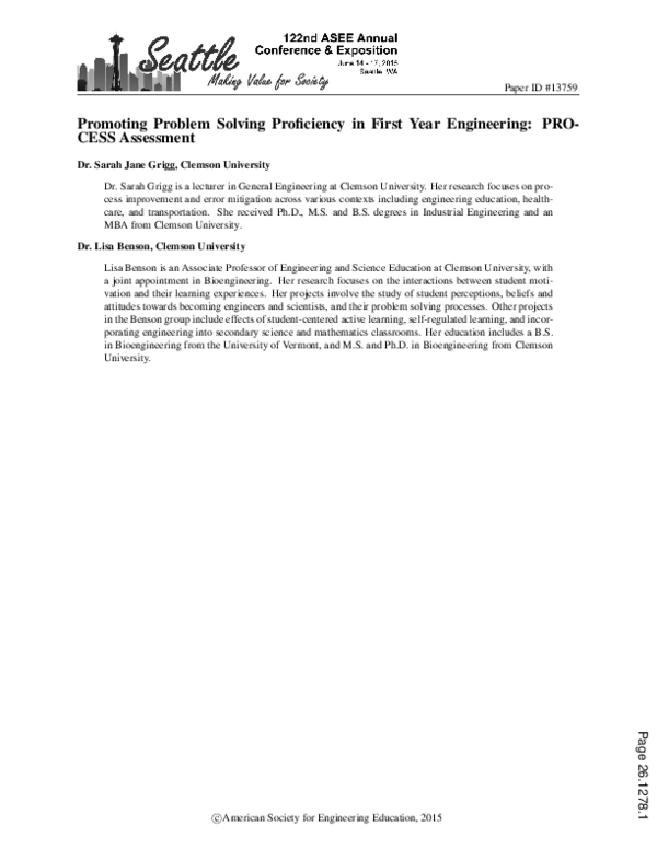 Pdf Promoting Problem Solving Proficiency In First Year Engineering Process Assessment
