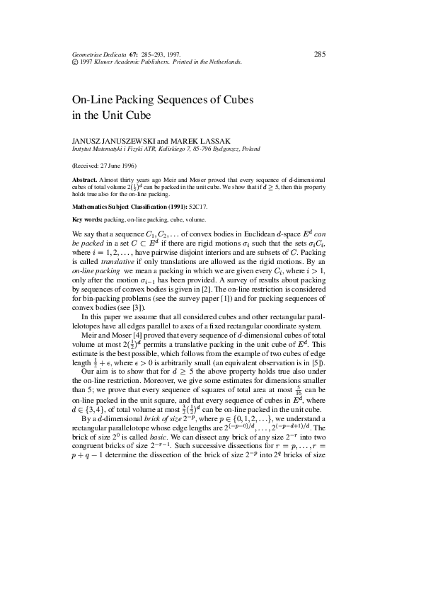 (PDF) On-Line Packing Sequences of Cubes in the Unit Cube