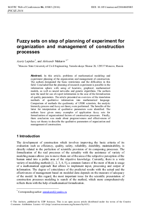 (PDF) Fuzzy sets on step of planning of experiment for organization and management of ...