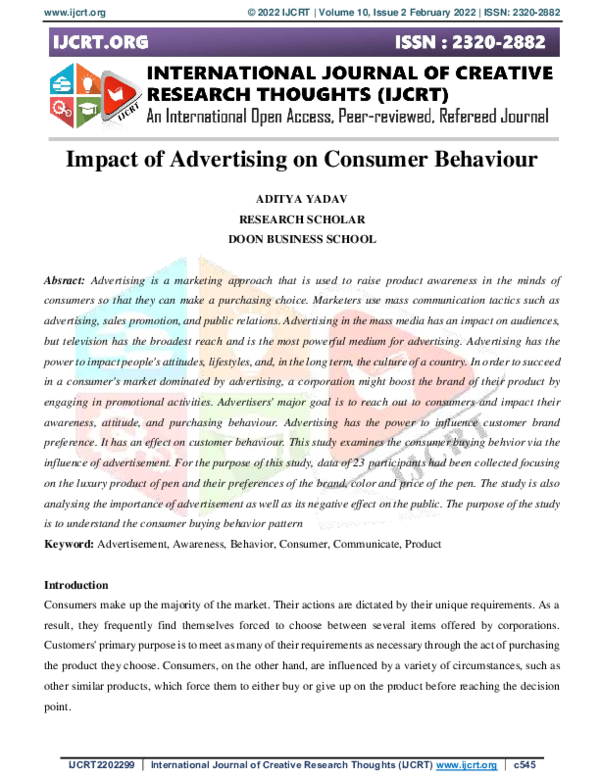 (PDF) Impact of Advertising on Consumer Behaviour