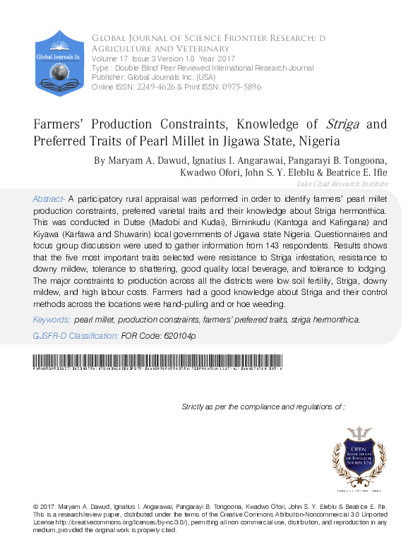 (PDF) Farmers’ Production Constraints, Knowledge of Striga andPreferred Traits of Pearl Millet ...