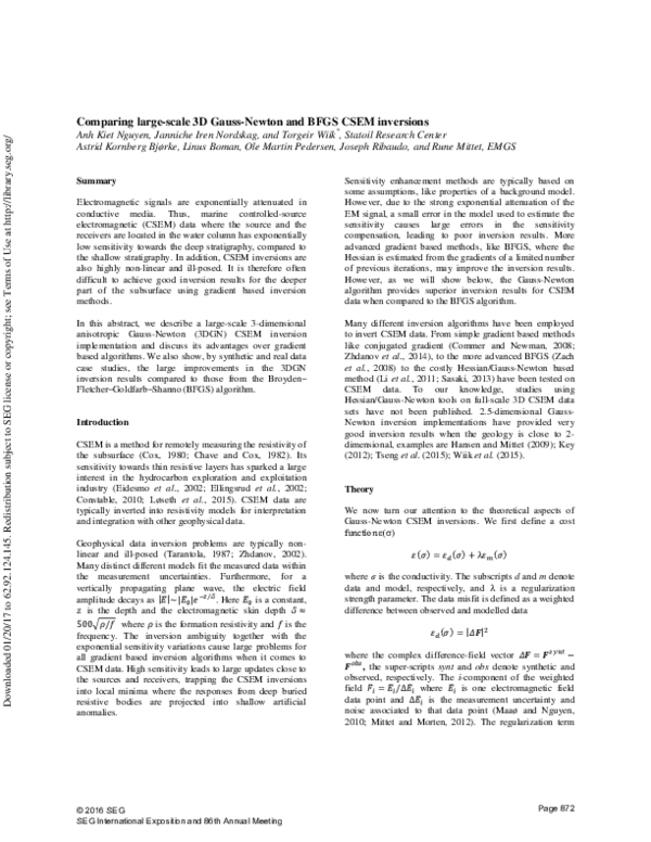 (PDF) Comparing large-scale 3D Gauss–Newton and BFGS CSEM inversions