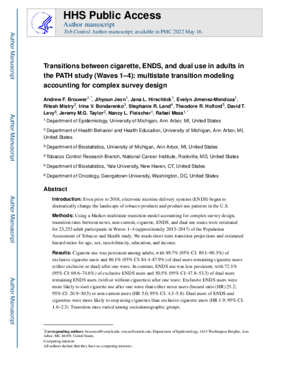 (PDF) Transitions between cigarette, ENDS and dual use in adults in the ...
