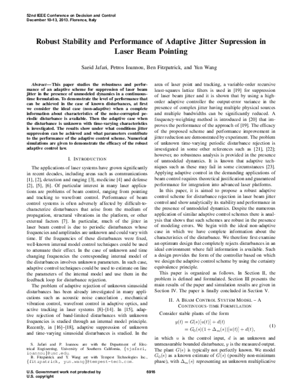 (PDF) Robust stability and performance of adaptive jitter supression in laser beam pointing