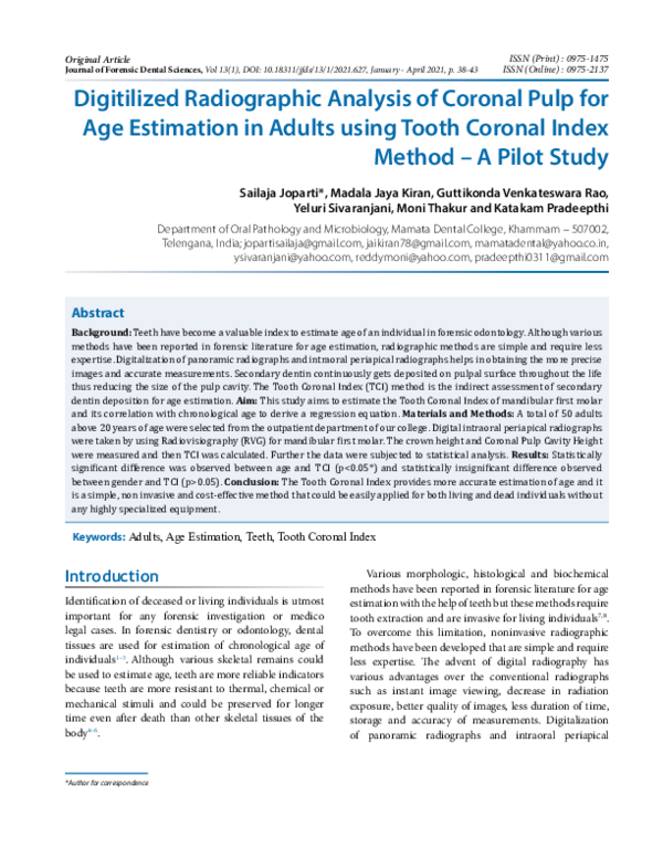 (PDF) Digitilized Radiographic Analysis of Coronal Pulp for Age Estimation in Adults using Tooth ...