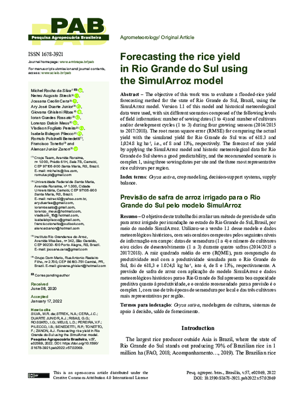 (PDF) Forecasting the rice yield in Rio Grande do Sul using the SimulArroz model | Isabela ...