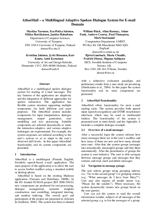 Pdf A Multilingual Adaptive Spoken Dialogue System For The E Mail Domain