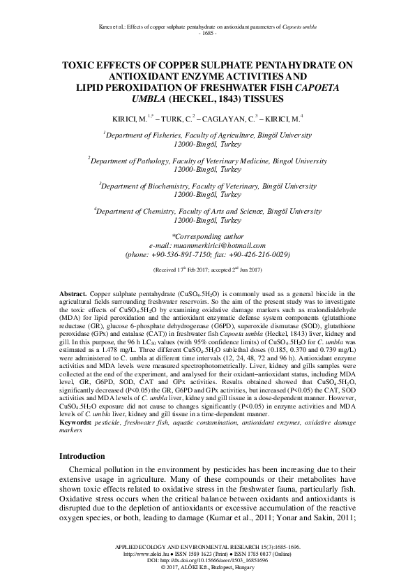 (PDF) Toxic effects of copper sulphate pentahydrate on antioxidant ...