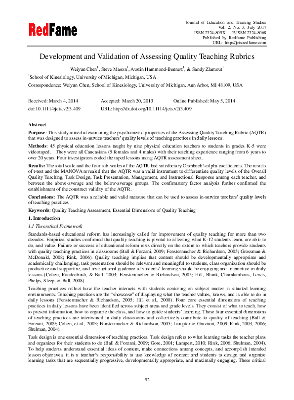 (PDF) Development and Validation of Assessing Quality Teaching Rubrics | Weiyun Chen - Academia.edu
