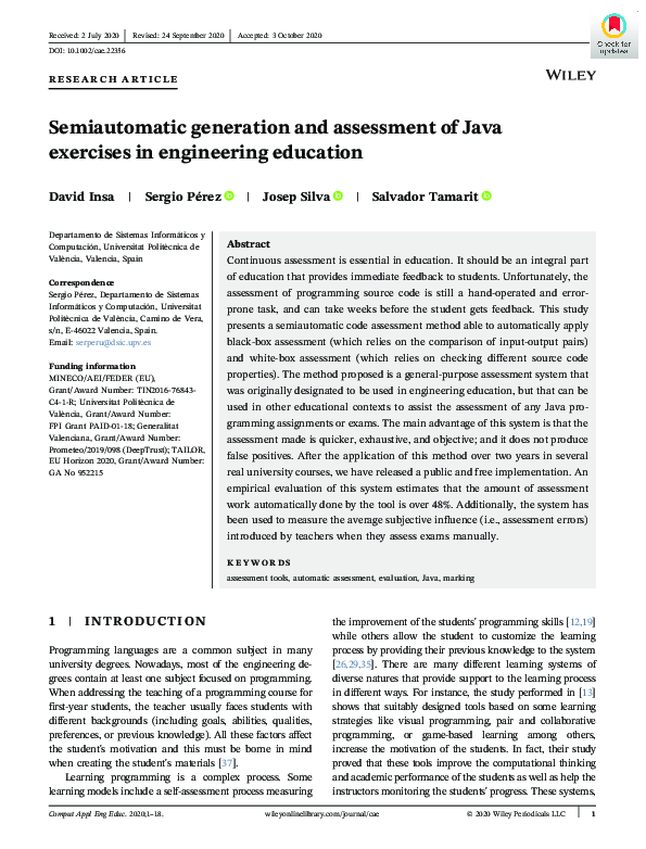 (PDF) Semiautomatic generation and assessment of Java exercises in ...