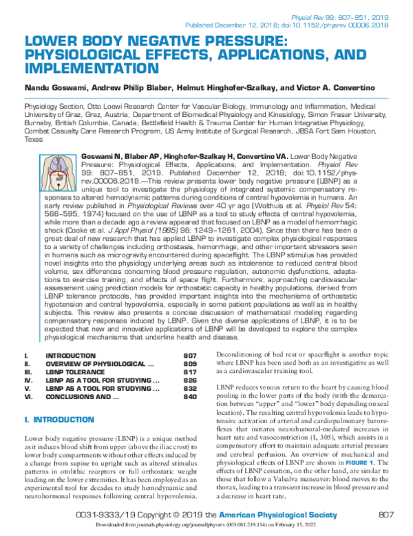 (PDF) Lower Body Negative Pressure: Physiological Effects, Applications ...