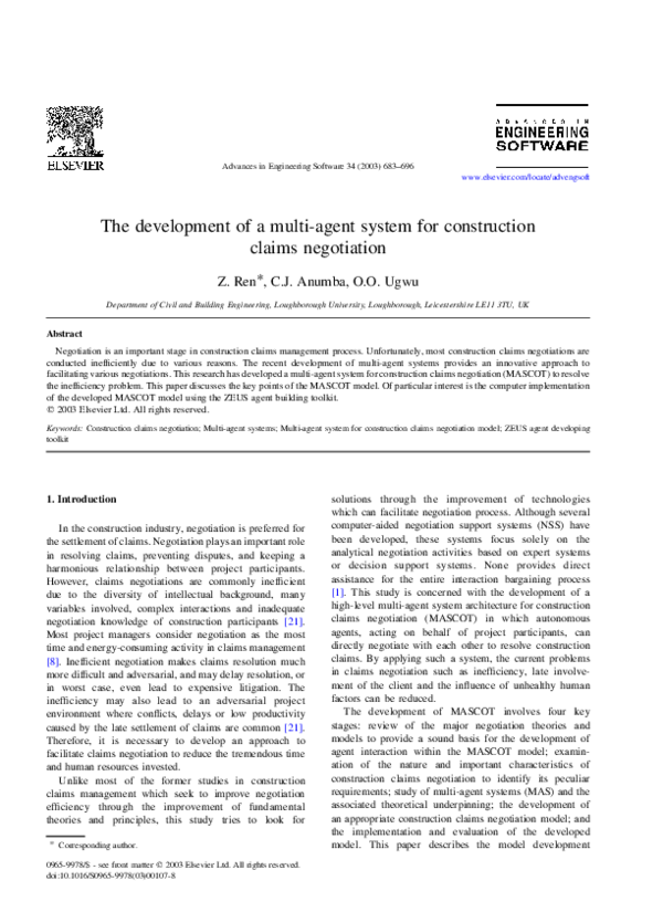 (PDF) The development of a multi-agent system for construction claims negotiation