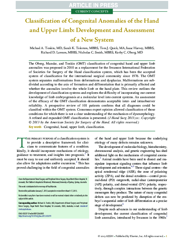 (PDF) Classification of Congenital Anomalies of the Hand and Upper Limb ...