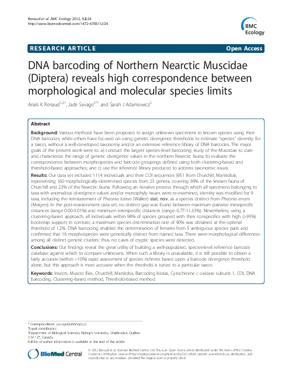 (PDF) DNA barcoding of Northern Nearctic Muscidae (Diptera) reveals high correspondence between ...