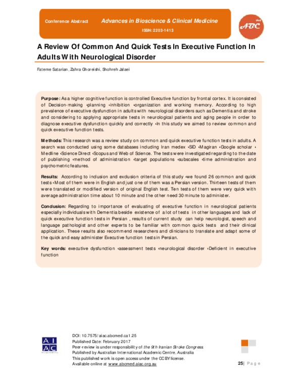 (PDF) A Review Of Common And Quick Tests In Executive Function In ...