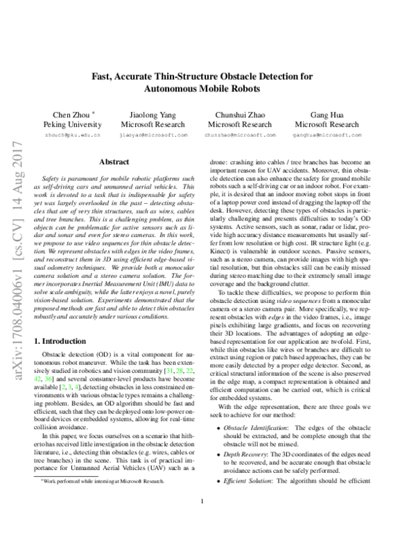 (PDF) Fast, Accurate Thin-Structure Obstacle Detection for Autonomous Mobile Robots
