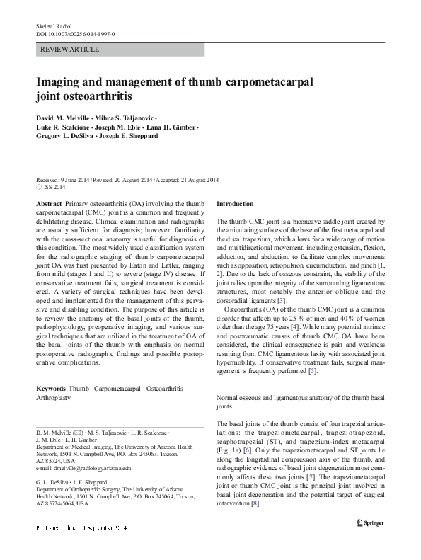 (PDF) Imaging and management of thumb carpometacarpal joint osteoarthritis