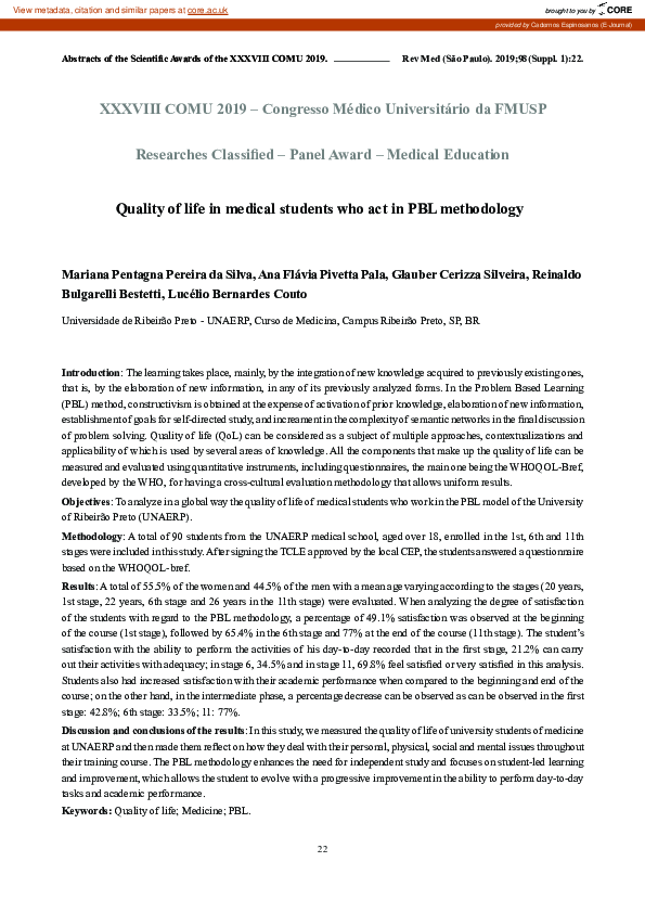 (PDF) Quality of life in medical students who act in PBL methodology