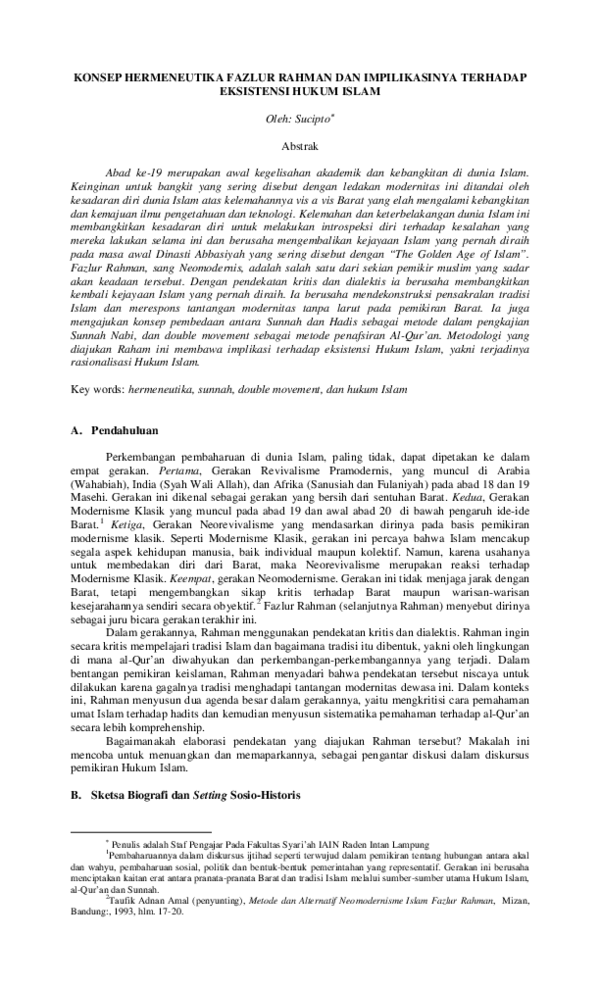 (PDF) Konsep Hermeneutika Fazlur Rahman Dan Impilikasinya Terhadap Eksistensi Hukum Islam
