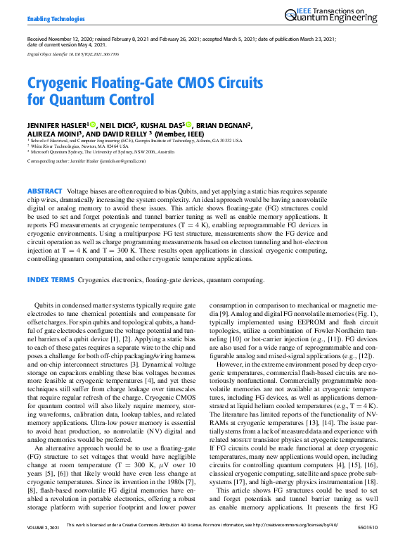 (PDF) Cryogenic Floating-Gate CMOS Circuits for Quantum Control
