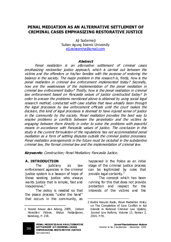 (PDF) Penal Mediation as an Alternative Settlement of Criminal Cases Emphasizing Restorative Justice