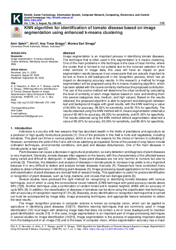 (PDF) KNN Algorithm for Identification of Tomato Disease Based on Image Segmentation Using ...