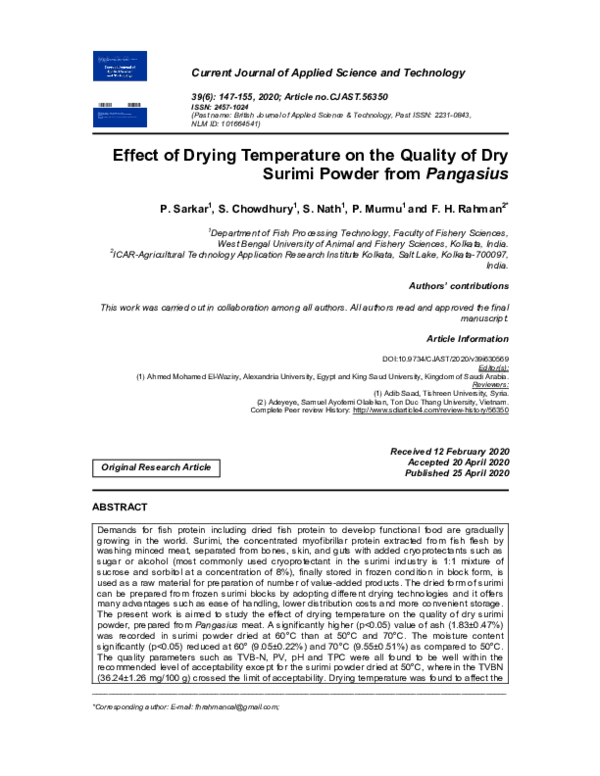 (PDF) Effect of Drying Temperature on the Quality of Dry Surimi Powder ...