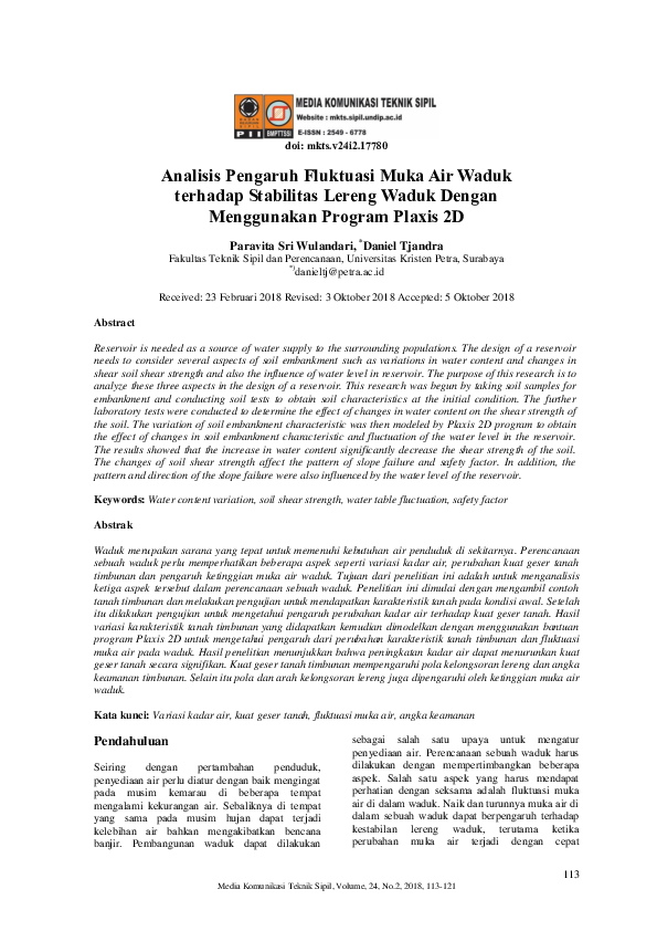 (PDF) Analisis Pengaruh Fluktuasi Muka Air Waduk terhadap Stabilitas Lereng Waduk Dengan ...