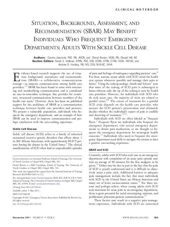 (PDF) Situation, Background, Assessment, and Recommendation (SBAR) May ...