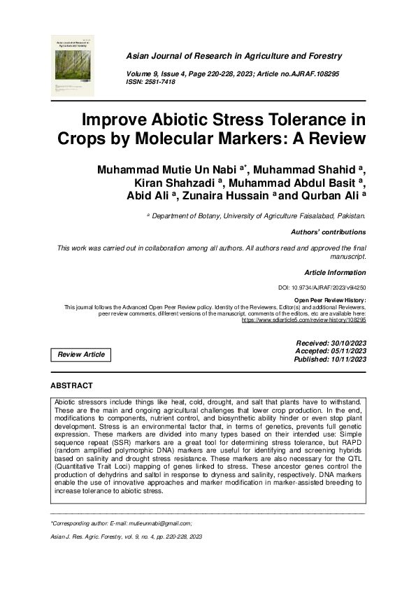 (PDF) Improve Abiotic Stress Tolerance in Crops by Molecular Markers: A Review