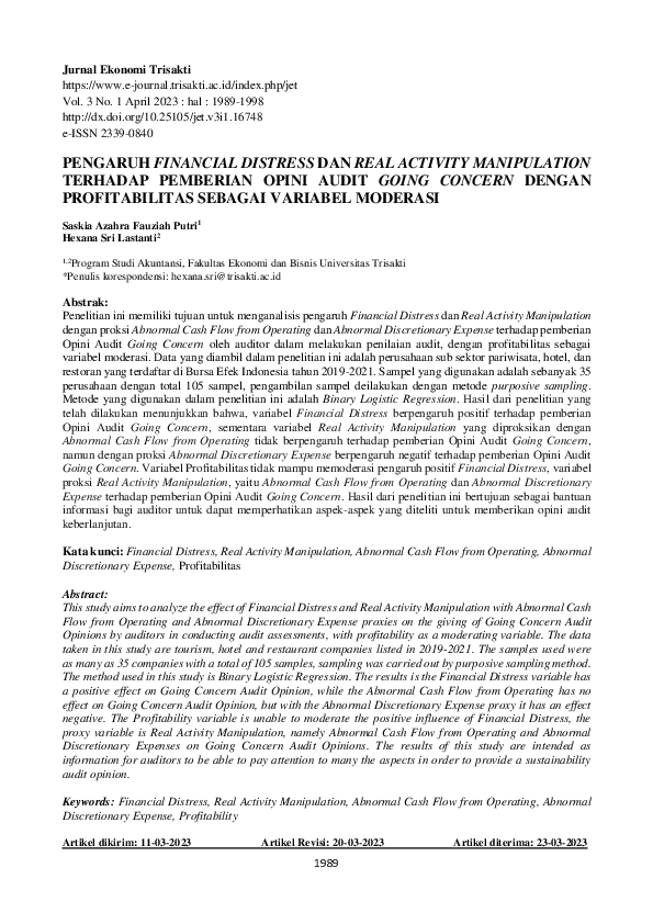 (PDF) Pengaruh Financial Distress Dan Real Activity Manipulation Terhadap Pemberian Opini Audit ...