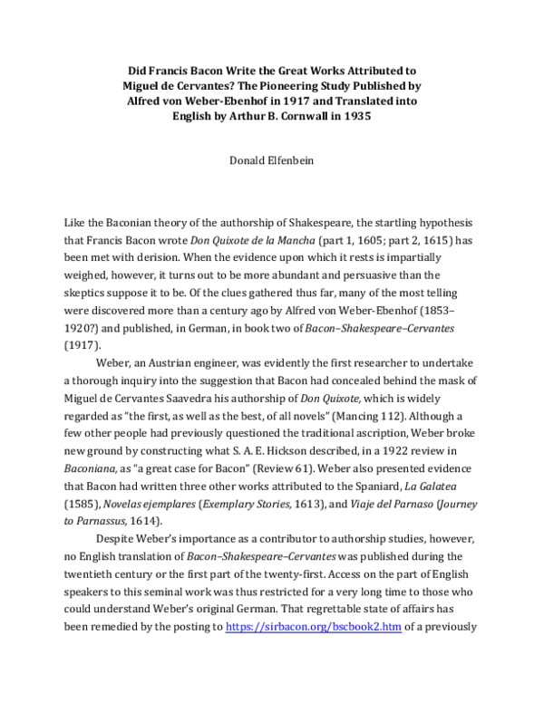 (PDF) Did Francis Bacon Write Don Quixote? A Review of Alfred von Weber ...