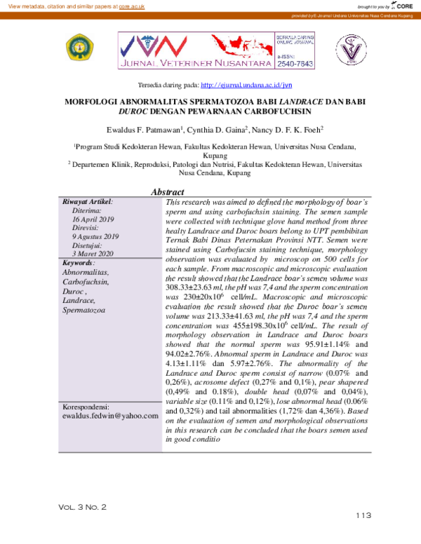 (PDF) Morfologi Abnormalitas Spermatozoa Babi Landrace Dan Babi Duroc ...