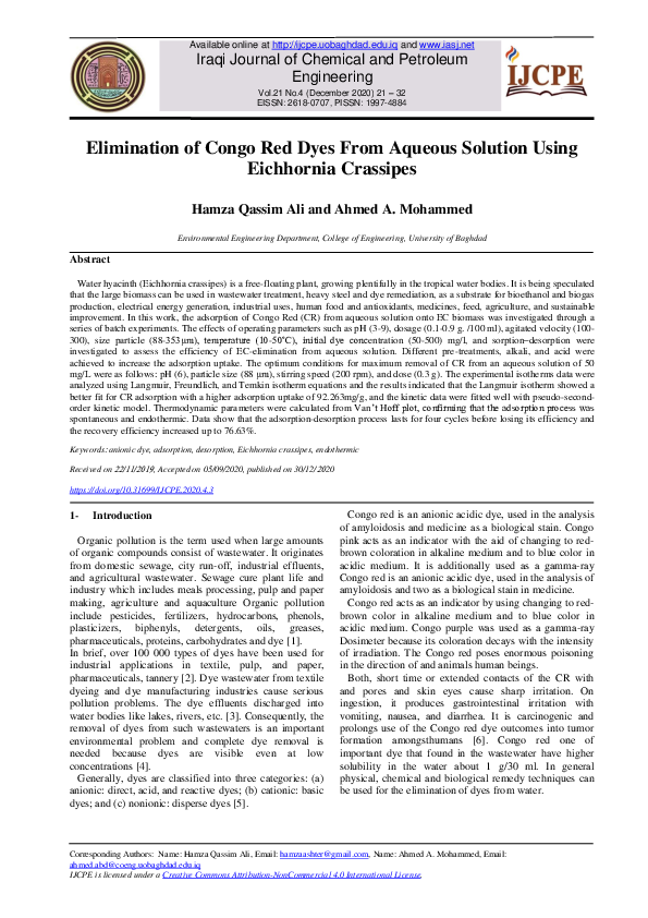 (PDF) Elimination of Congo Red Dyes From Aqueous Solution Using Eichhornia Crassipes