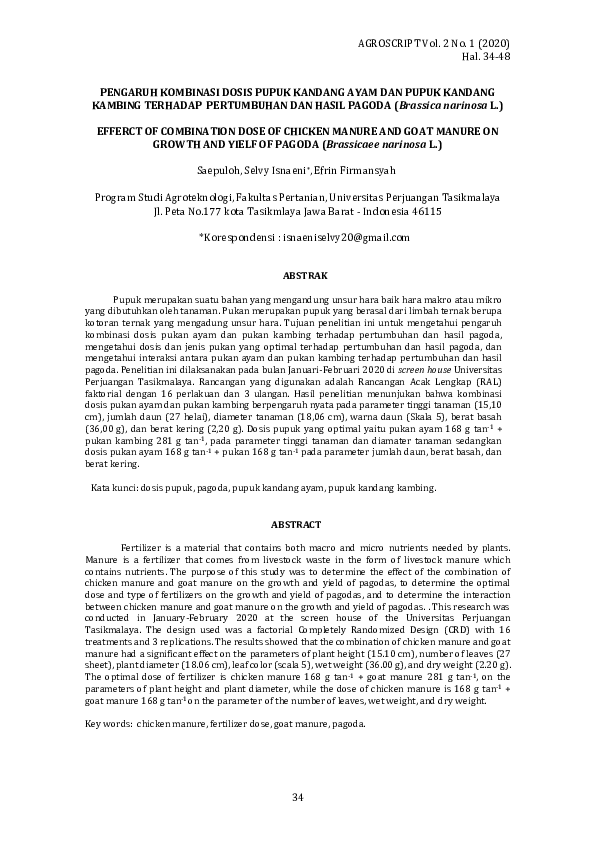 (PDF) Pengaruh Kombinasi Dosis Pupuk Kandang Ayam dan Pupuk Kandang Kambing Terhadap Pertumbuhan ...