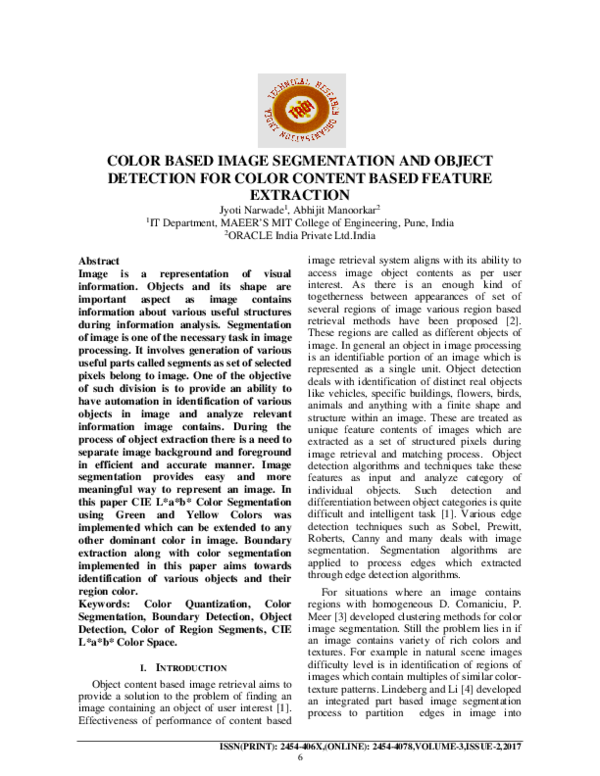 (PDF) COLOR BASED IMAGE SEGMENTATION AND OBJECT DETECTION FOR COLOR ...
