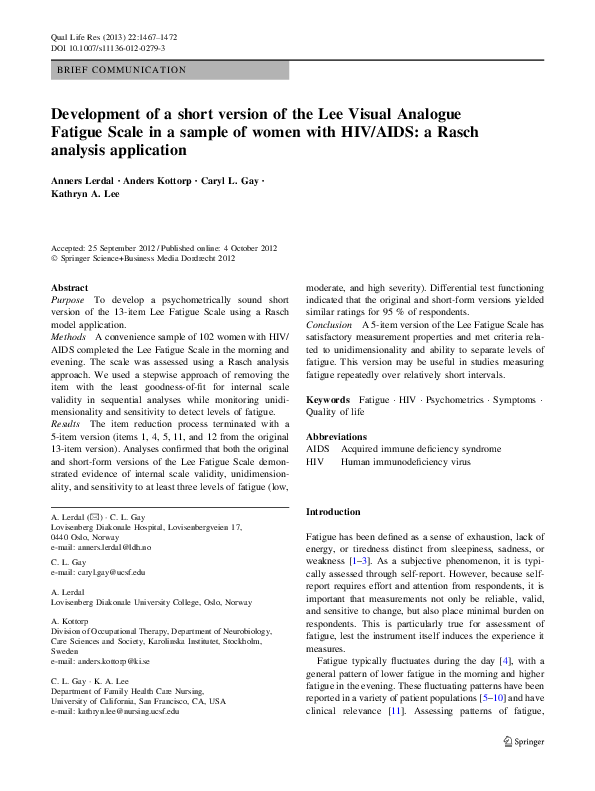 (PDF) Development of a short version of the Lee Visual Analogue Fatigue ...