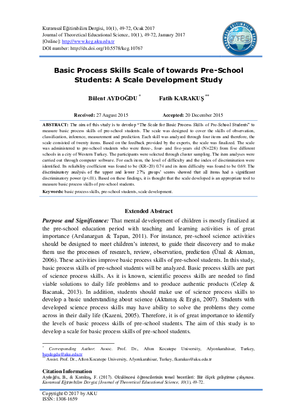(PDF) Basic Process Skills Scale of towards Pre-School Students: A Scale Development Study