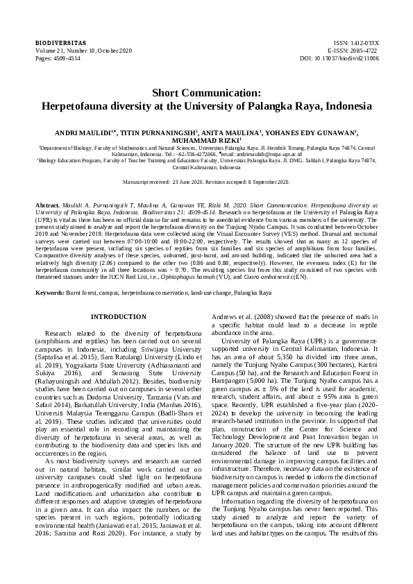 (PDF) Short Communication: Herpetofauna diversity at the University of Palangka Raya, Indonesia ...