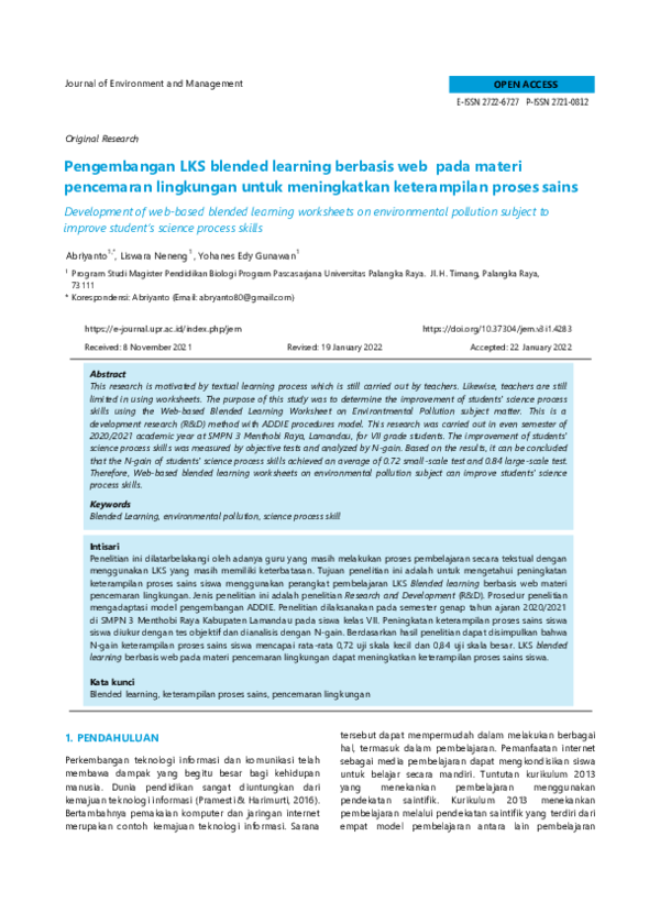 Pengembangan LKS Blended Learning Berbasis Web Pada Materi Pencemaran Lingkungan Untuk ...