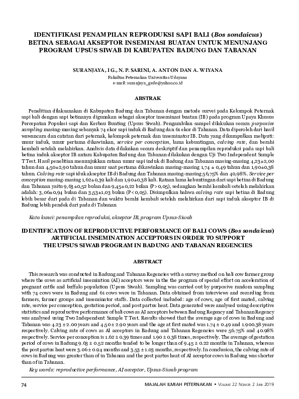 (PDF) IDENTIFICATION OF REPRODUCTIVE PERFORMANCE OF BALI COWS (Bos sondaicus) ARTIFICIAL ...