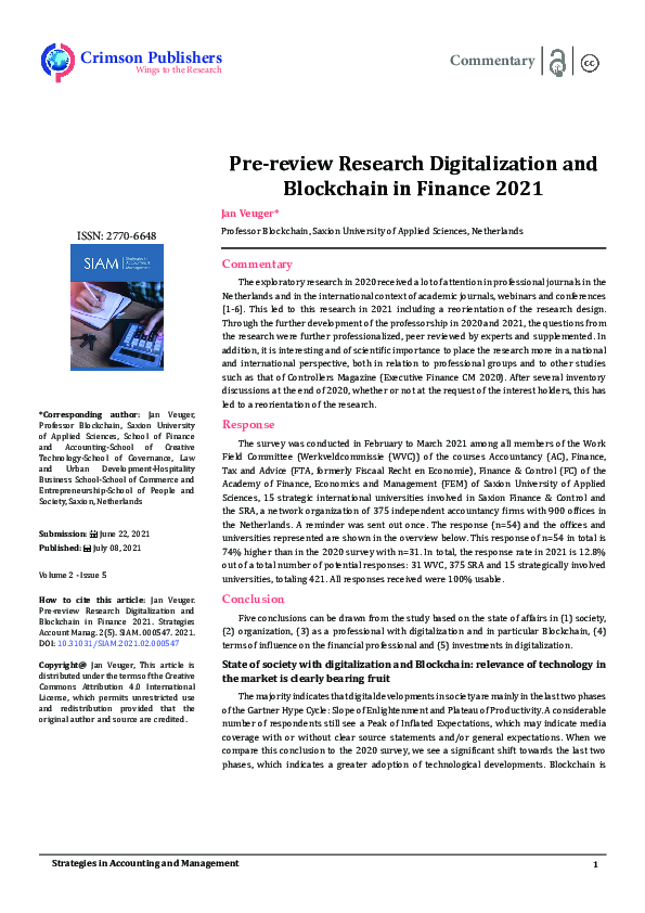(PDF) Pre-review Research Digitalization and Blockchain in Finance 2021