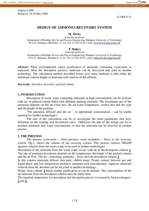 (PDF) Design of Ammonia recovery System
