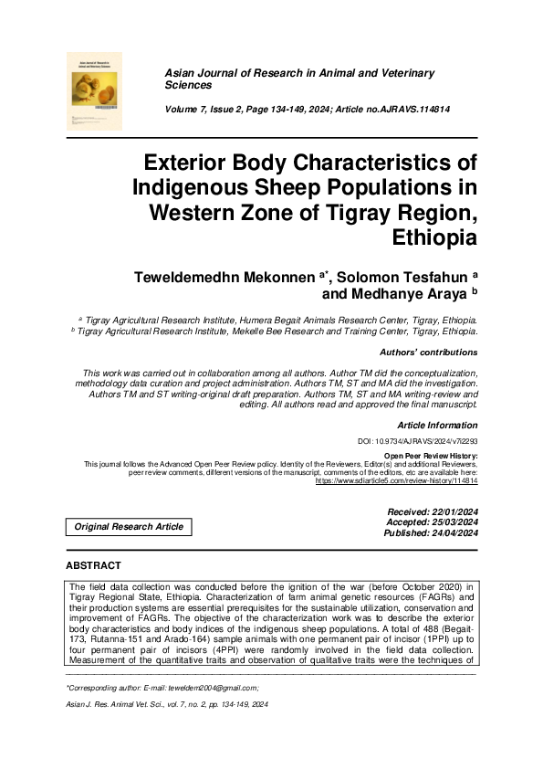 (PDF) Exterior Body Characteristics of Indigenous Sheep Populations in Western Zone of Tigray ...
